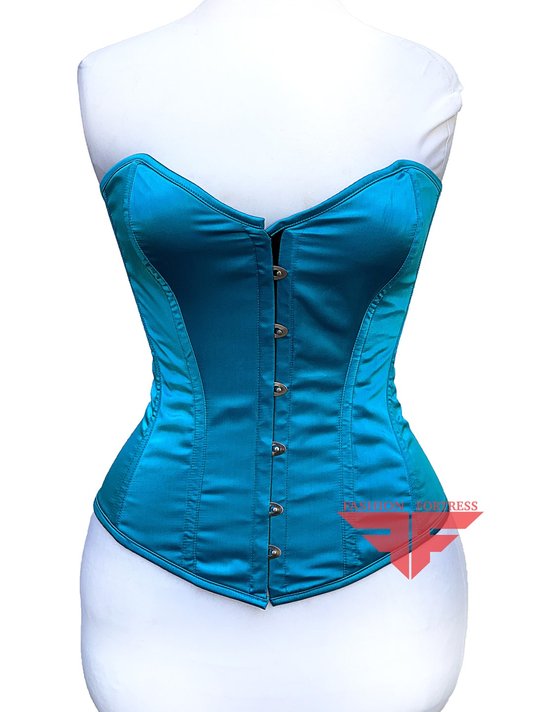 Handmade Women Turquoise Satin Overbust Corset Lace Chemise Steel Boned ...