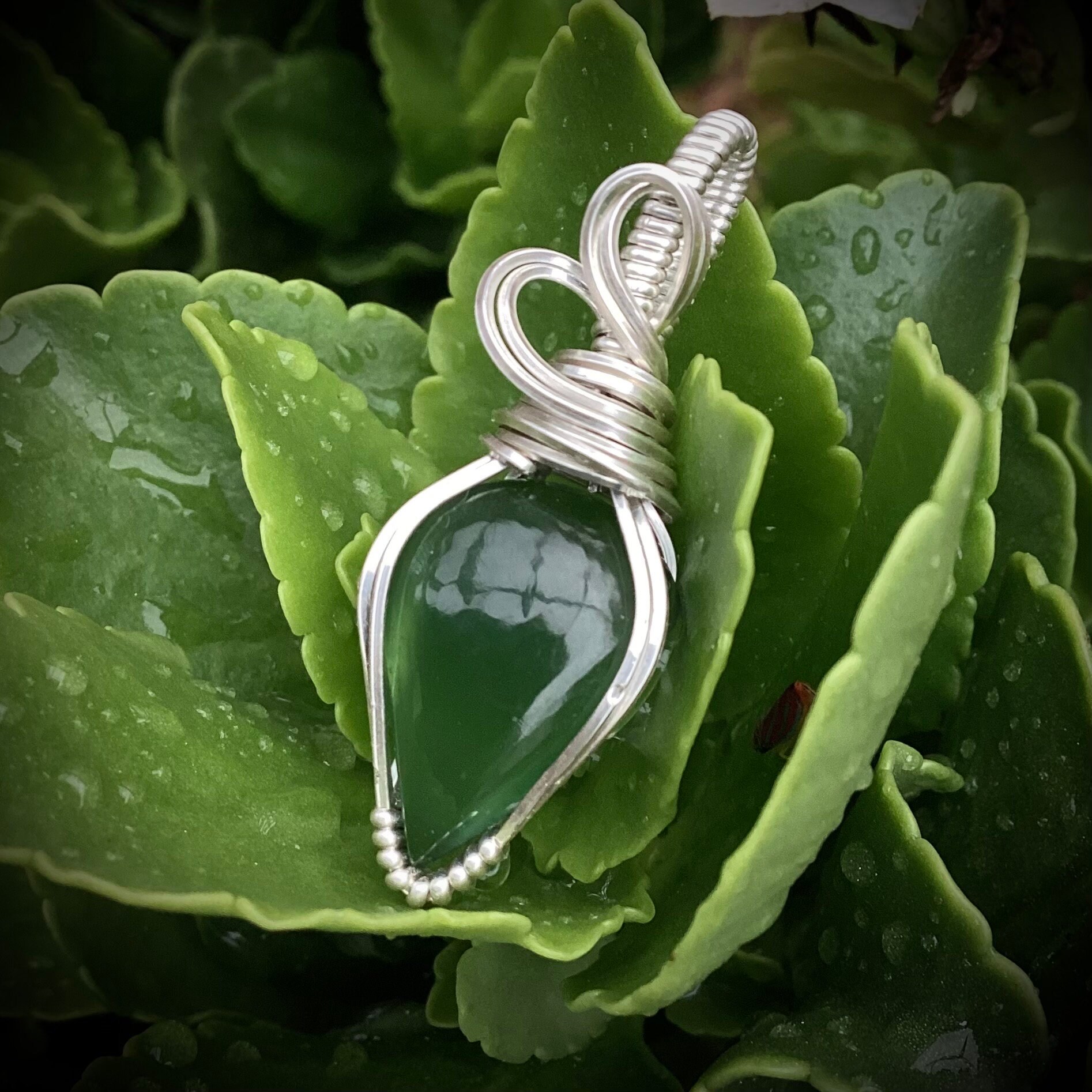 Serpentine Jade Sterling Silver Wire Wrap Pendant // Rexwraps - Etsy