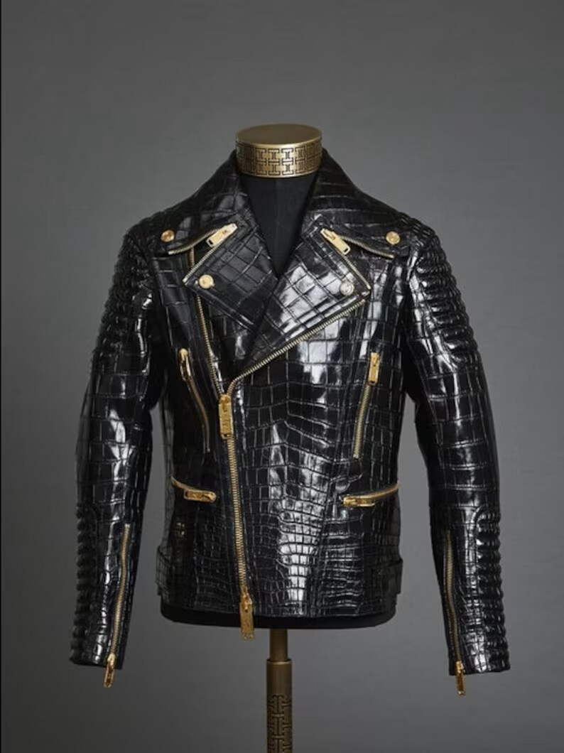 New Men's Luxury Crocodile Print Leather Jacket, Biker Jacket, Alligator Textured Jacket ...