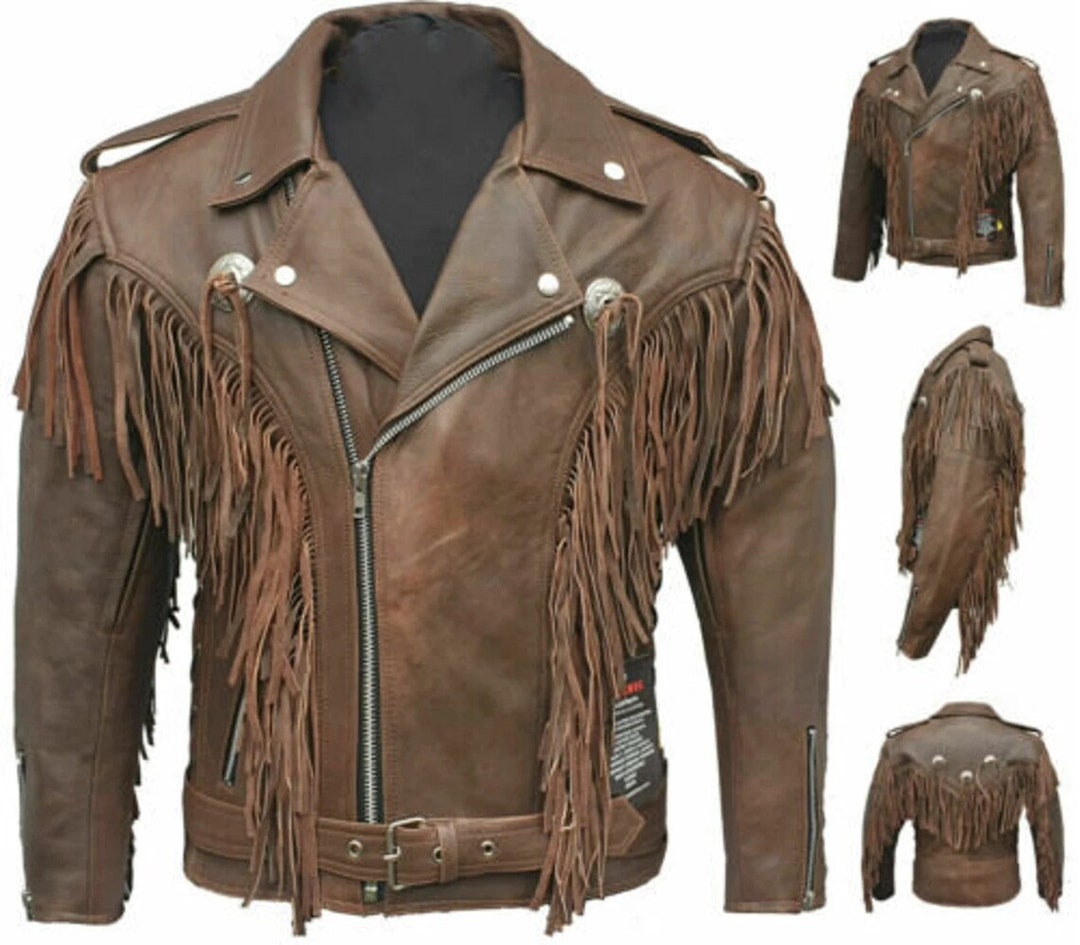 Men's Fringe Leather Jacket, Genuine Brown Cowhide Leather, Motorcycle ...