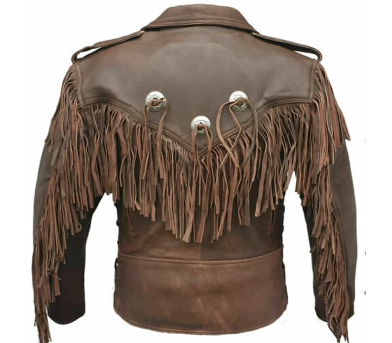 Men's Fringe Leather Jacket, Genuine Brown Cowhide Leather, Motorcycle ...