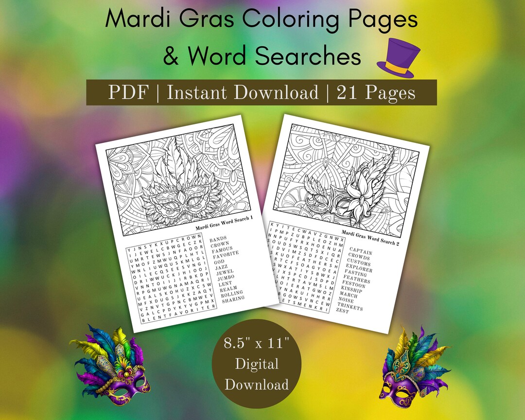 Mardi Gras Coloring Pages and Word Search | Carnival Fun | Coloring ...