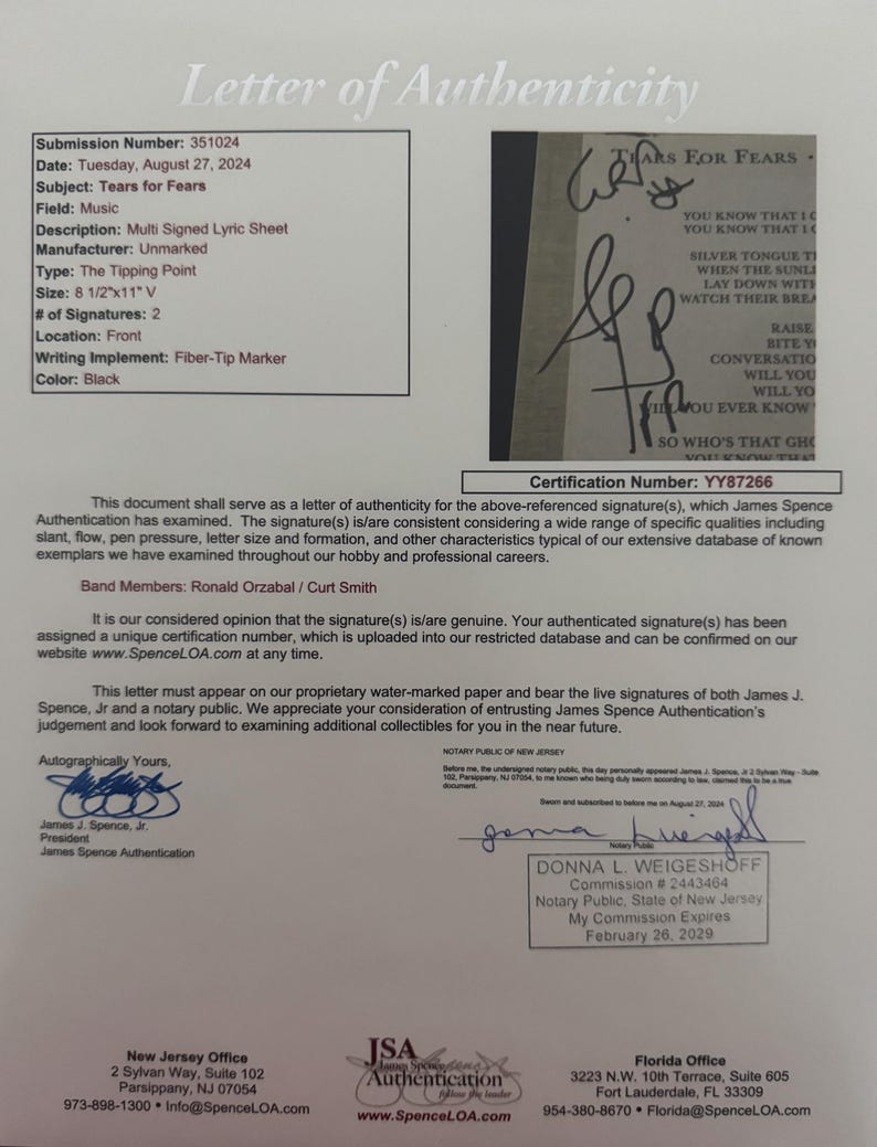 Tears for Fears Original Autographed “tipping Point” Lyrics Sheet (JSA ...