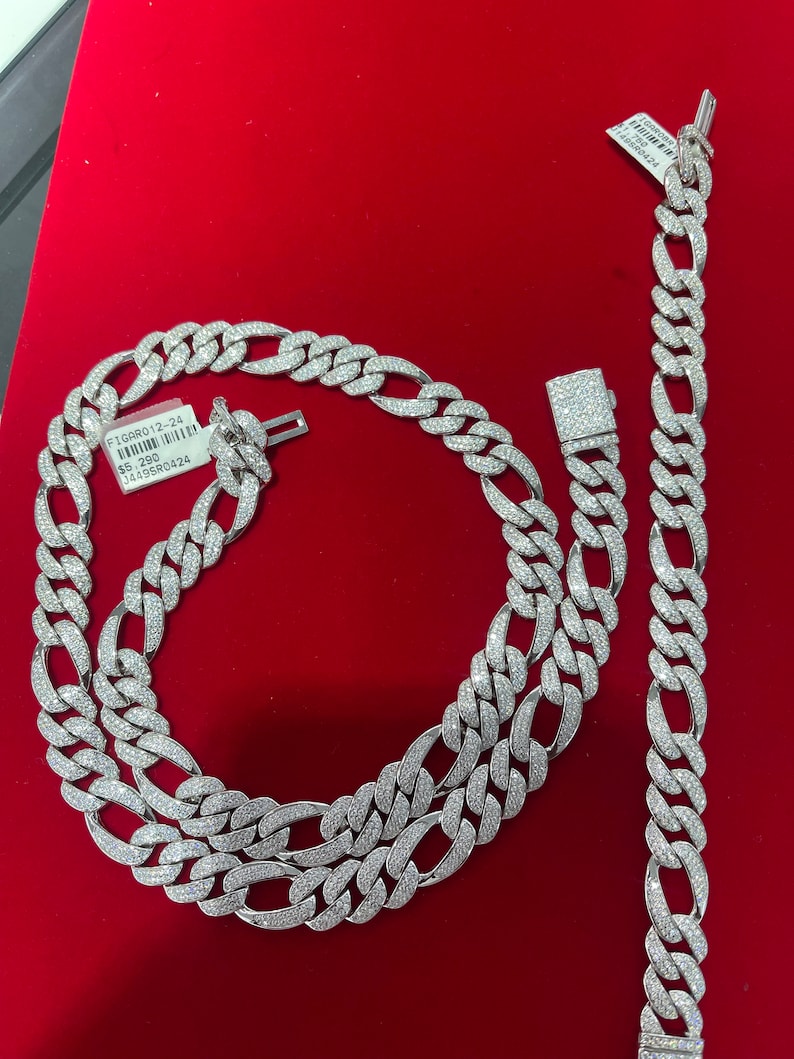 Figaro Cuban Chain Sterling Silver With Moissanite - Etsy