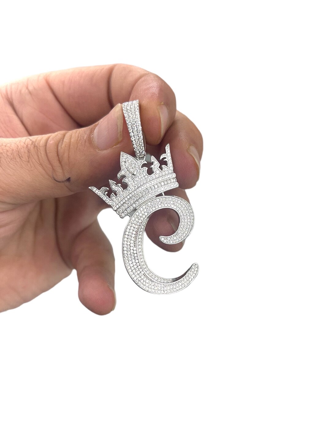 Cursive Crown Silver Moissanite Initial C Pendant - Etsy