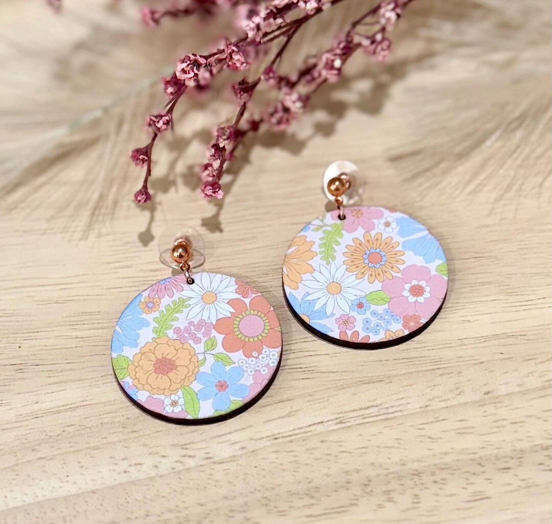 Flower Crush Collection - Round Drop Earrings | Wood Decoupage - Etsy