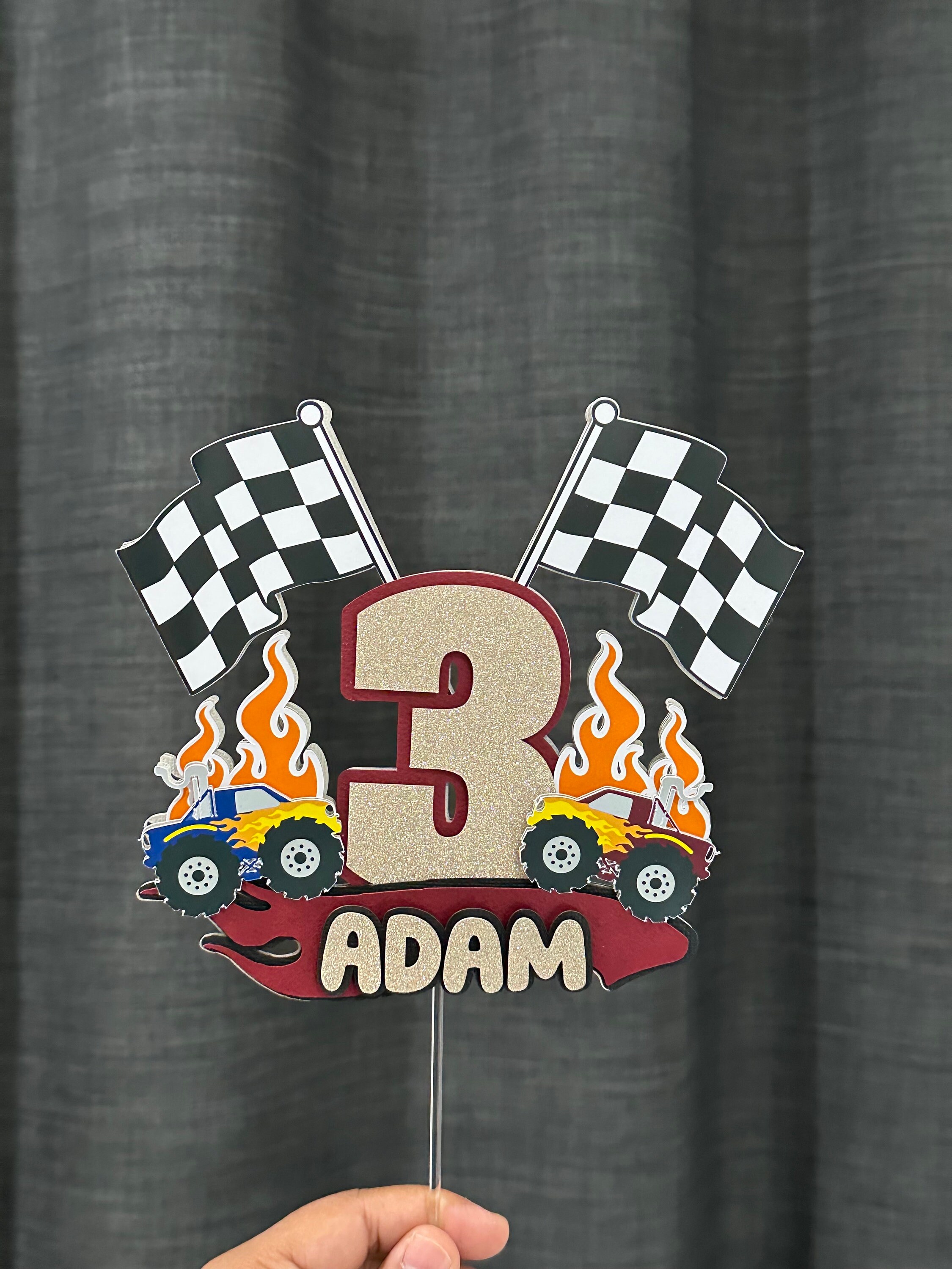 3D Personalised Flaming Trucks Cake Topper Racing Cake Topper Checkered ...