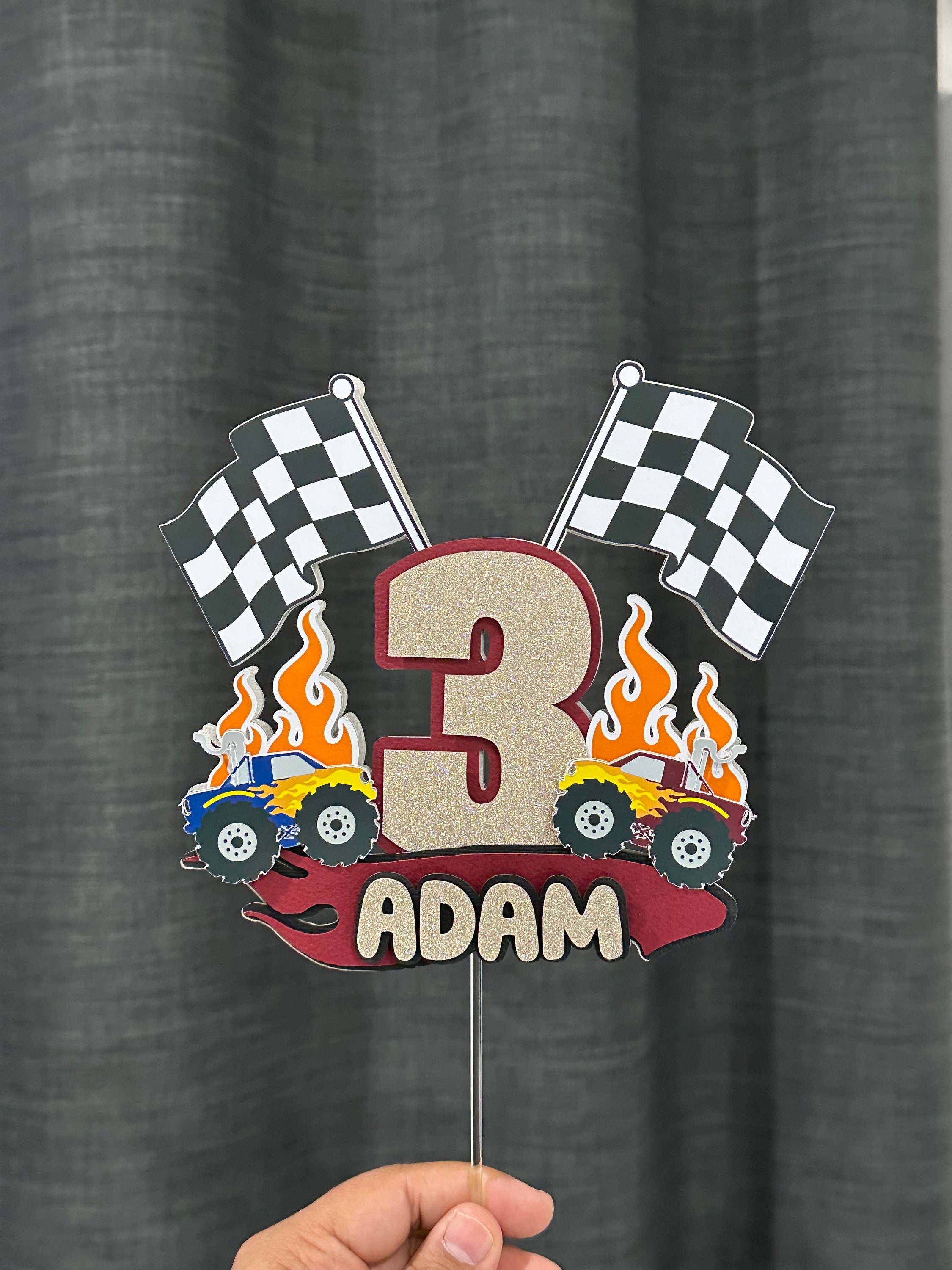 3D Personalised Flaming Trucks Cake Topper Racing Cake Topper Checkered ...