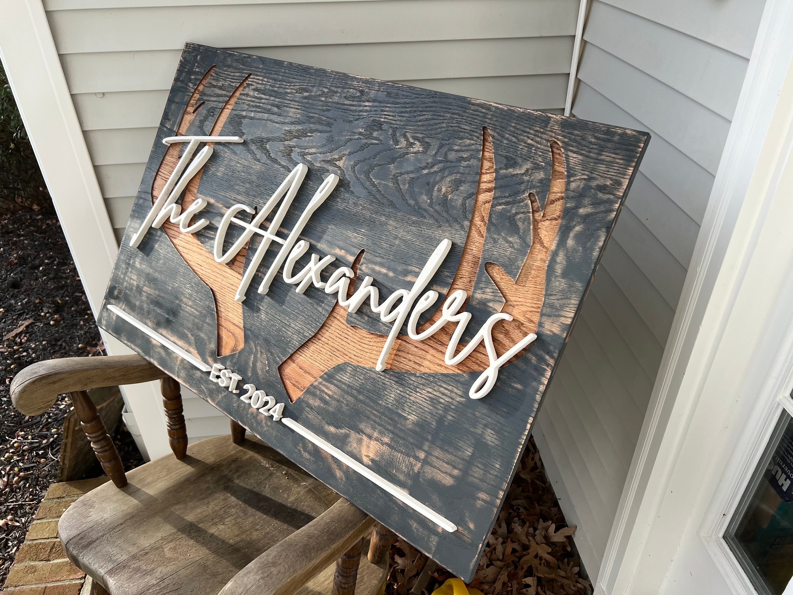 Rustic Farmhouse Custom Name Sign, Distressed With Antler Hunting ...