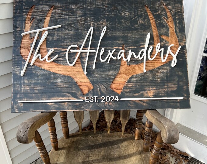 Rustic Farmhouse Custom Name Sign, Distressed With Antler Hunting ...