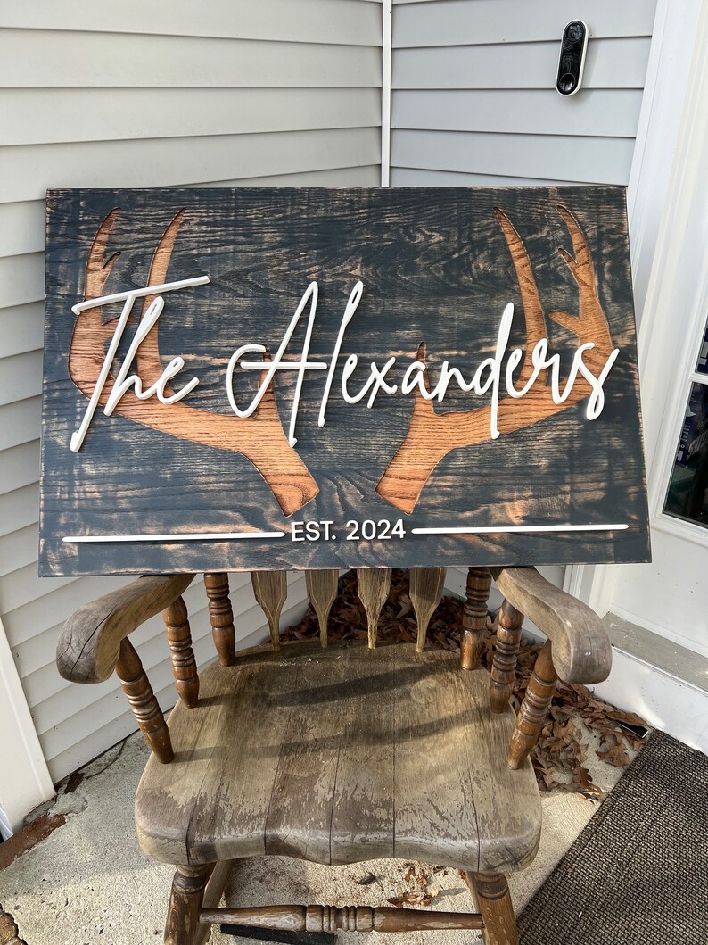 Rustic Farmhouse Custom Name Sign, Distressed With Antler Hunting ...