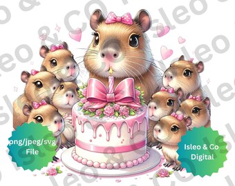 Capybara Birthday Party Digital Art - Cute Capybaras With Pink Bows ...