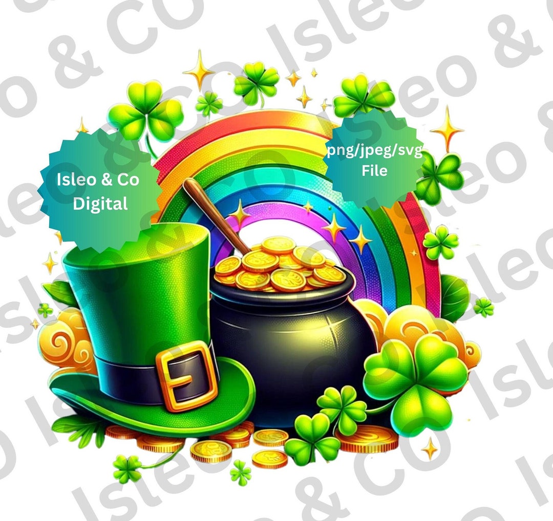 St. Patrick's Day Art- Pot of Gold & Rainbow Print, Leprechaun Hat and ...