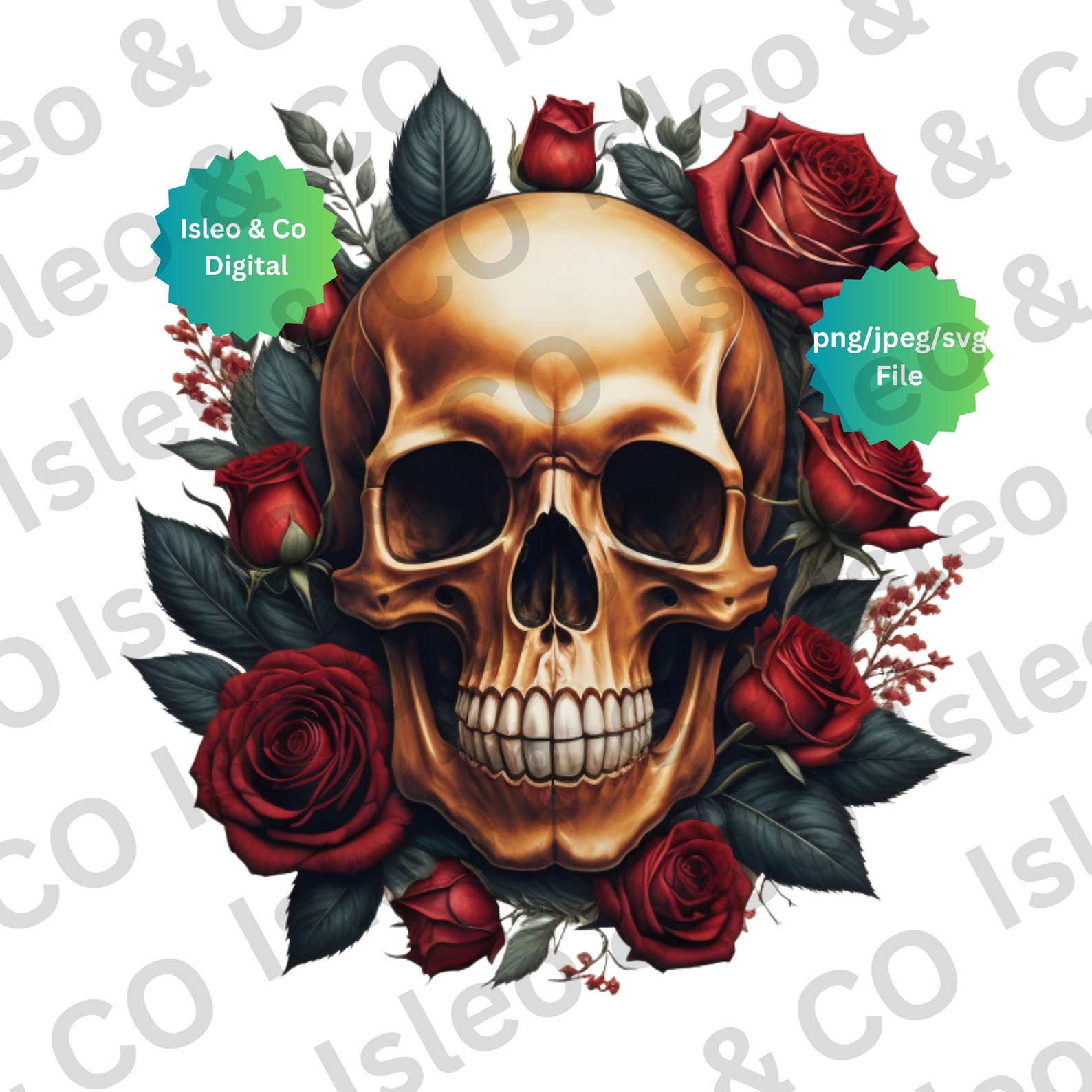 Golden Skull With Red Roses and Foliage Digital File Instant Download ...