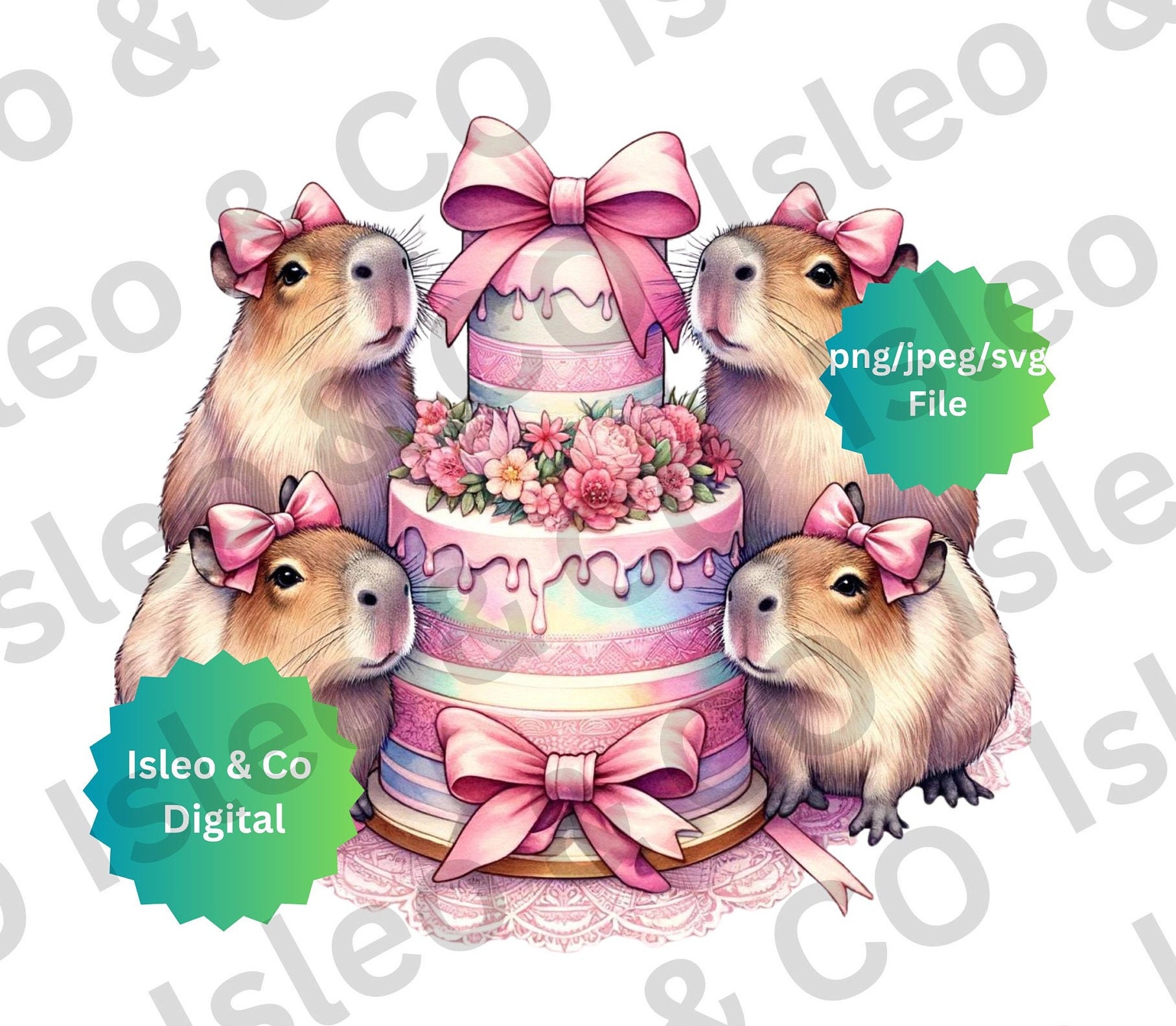 Capybara Birthday Party Digital Art - Cute Capybaras With Pink Bows ...