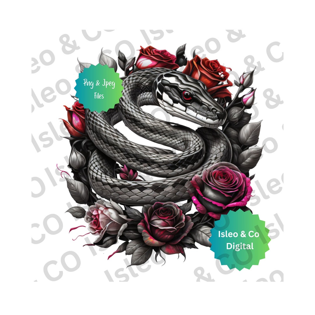 Awe-inspiring Black and Grey Snake With Red & Pink Roses Digital File ...