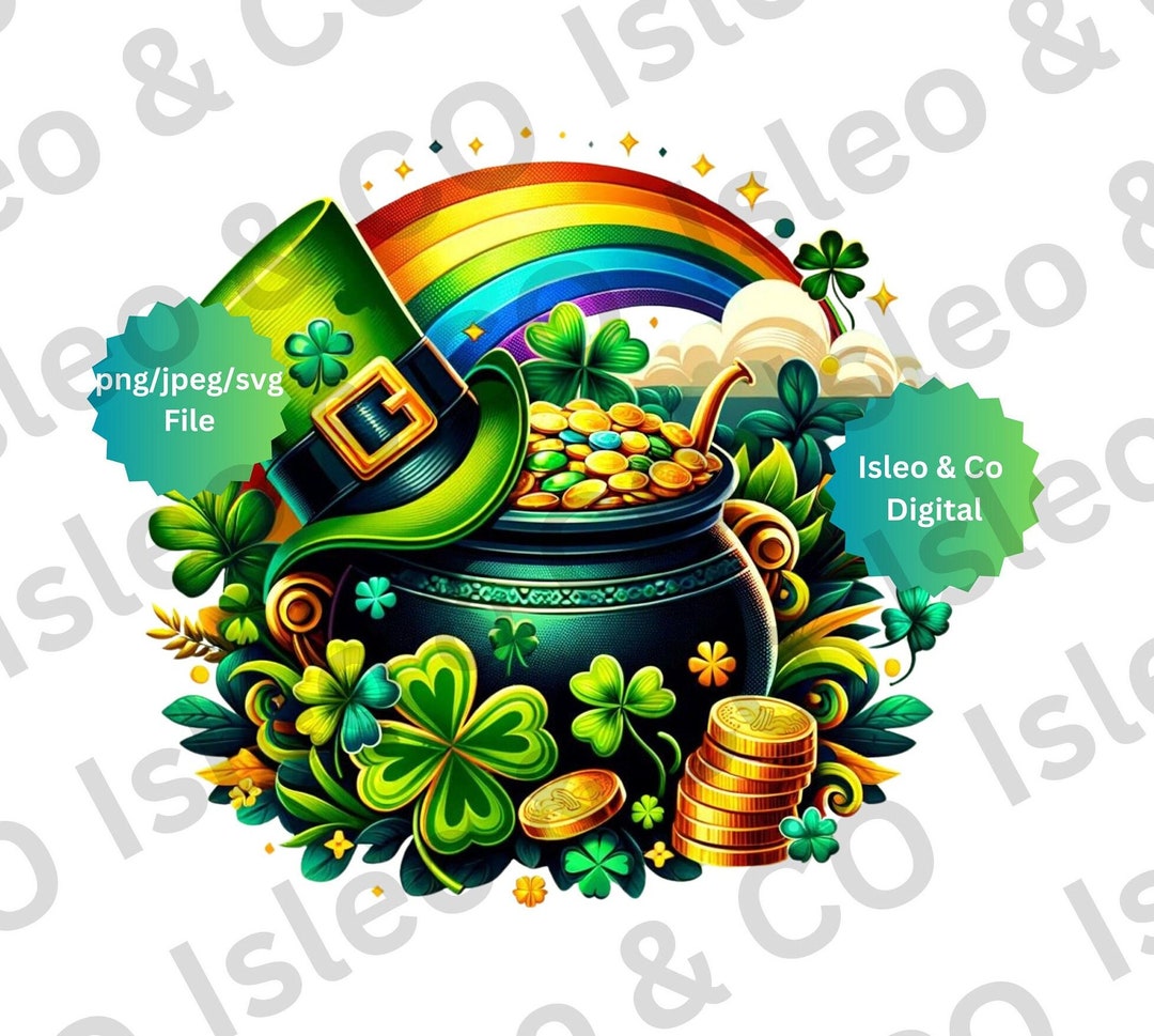 St. Patrick's Day Art- Pot of Gold & Rainbow Print, Leprechaun Hat and ...