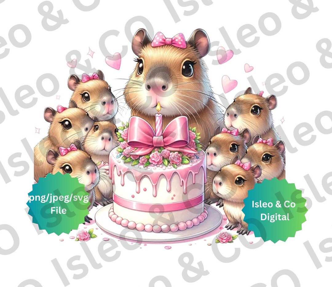 Capybara Birthday Party Digital Art - Cute Capybaras With Pink Bows ...