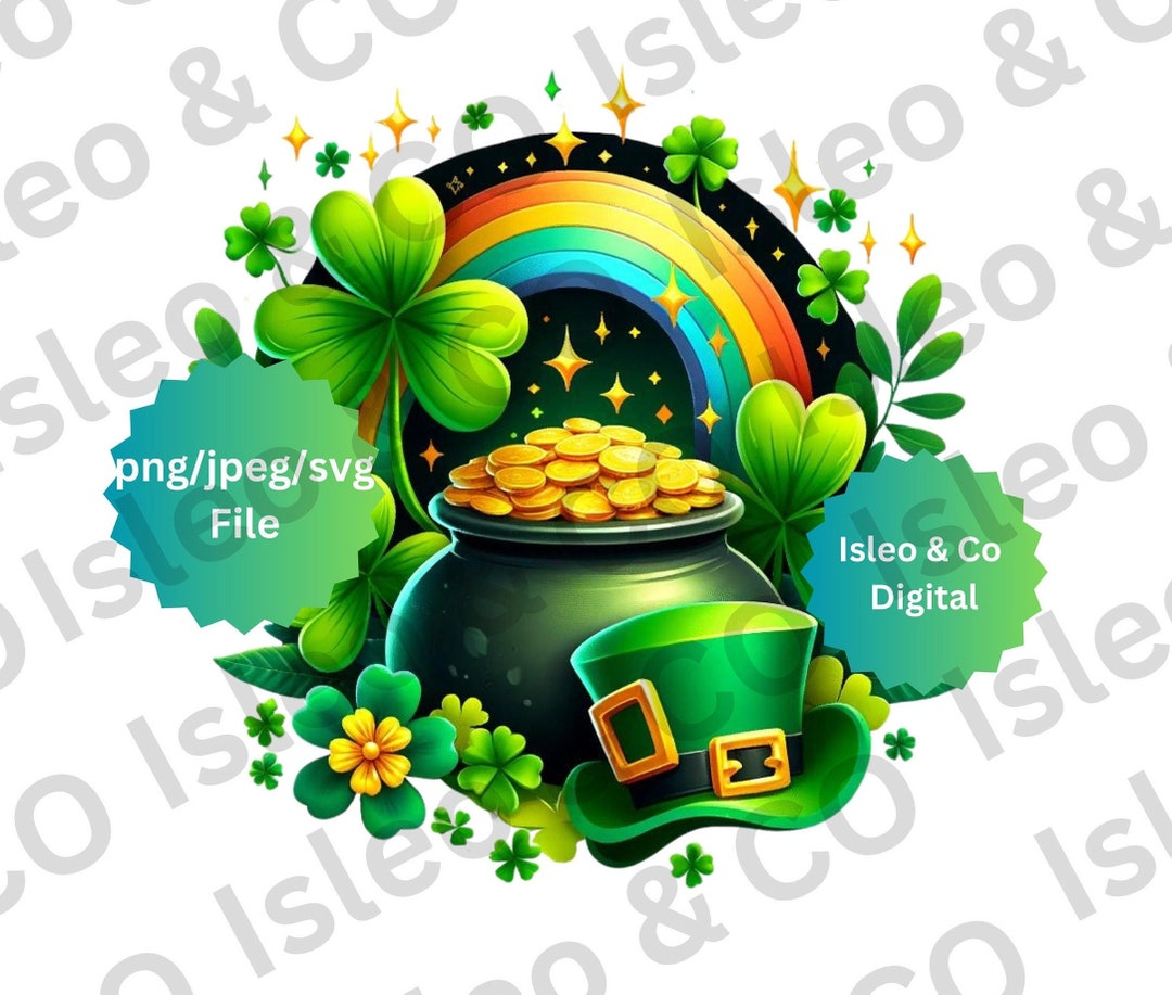 St. Patrick's Day Art- Pot of Gold & Rainbow Print, Leprechaun Hat and ...