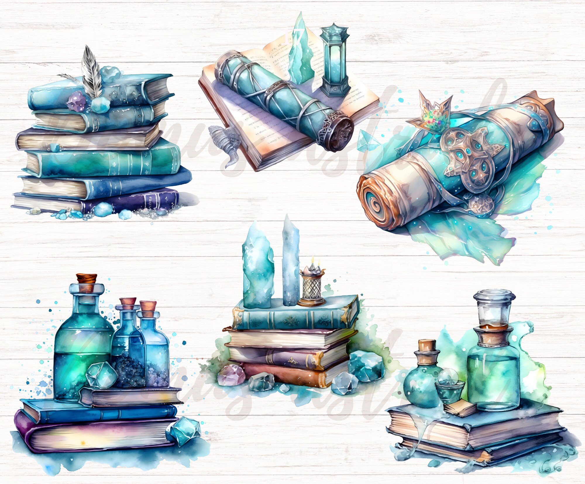 Watercolor Magic Books Clipart Pack Mystic Clipart Magician - Etsy