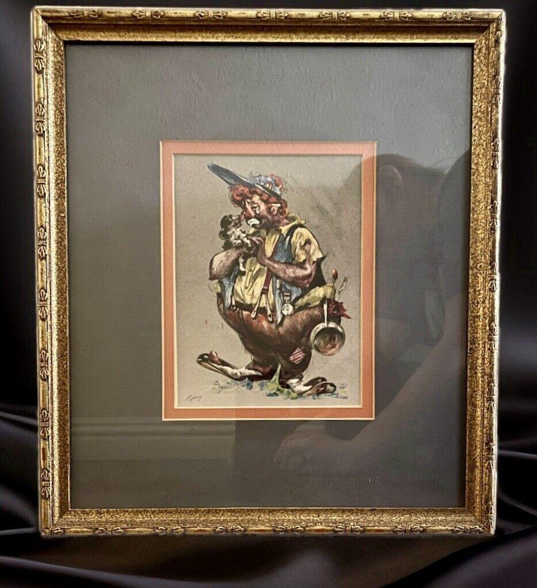 Vintage Mid Century Sad Crying Hobo Clown Art Framed Painting ...
