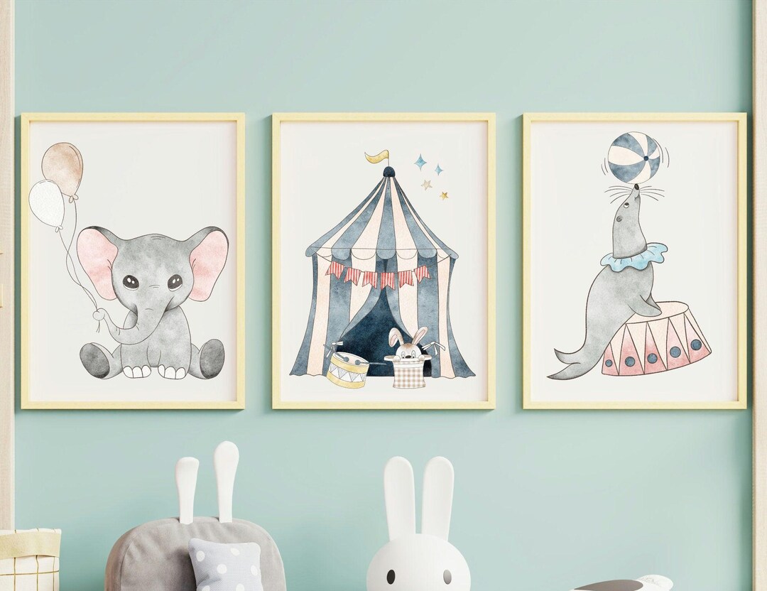 Nursery Circus Wall Art Prints Kids Room Watercolor Posters Elephant ...