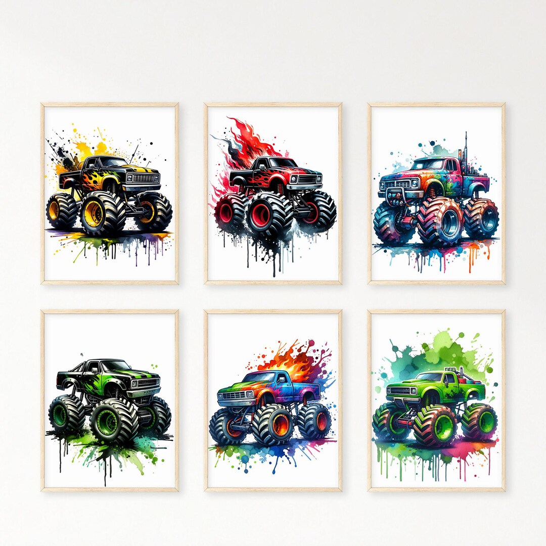 Monster Truck Posters for Toddler Room Set of 6 Prints for Boys Room ...