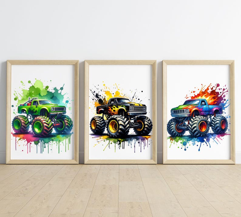 Monster Truck Posters for Toddler Room Set of 6 Prints for Boys Room ...
