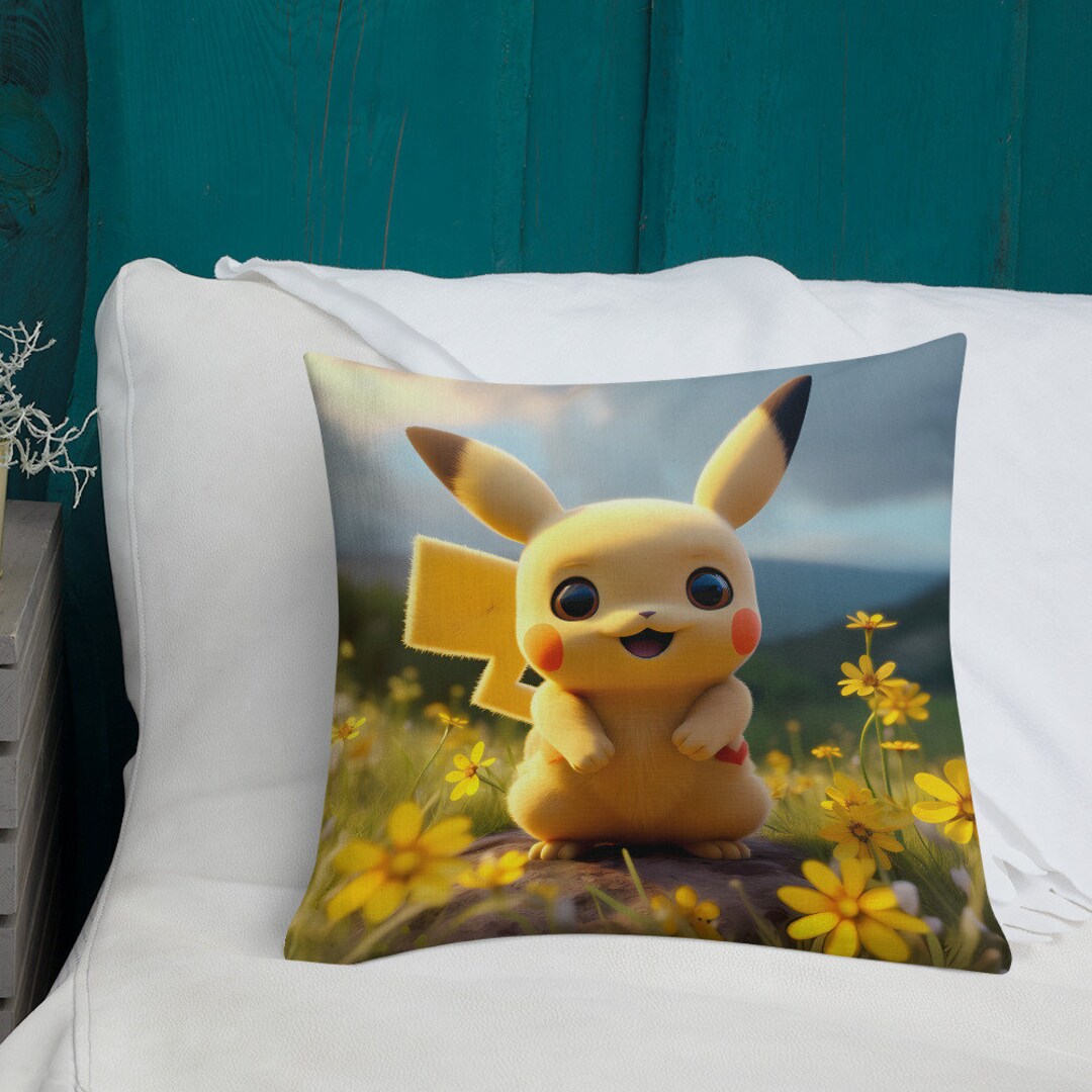 Pikachu in Yellow Flower Field Premium Pillow Charming Pokémon Cushion ...
