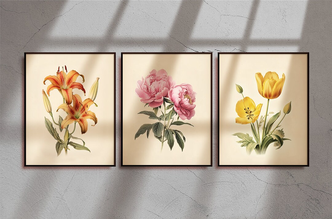 GARDEN FLOWER TRIO Vintage Lithograph. Set of 3 Botanical Art Digital ...