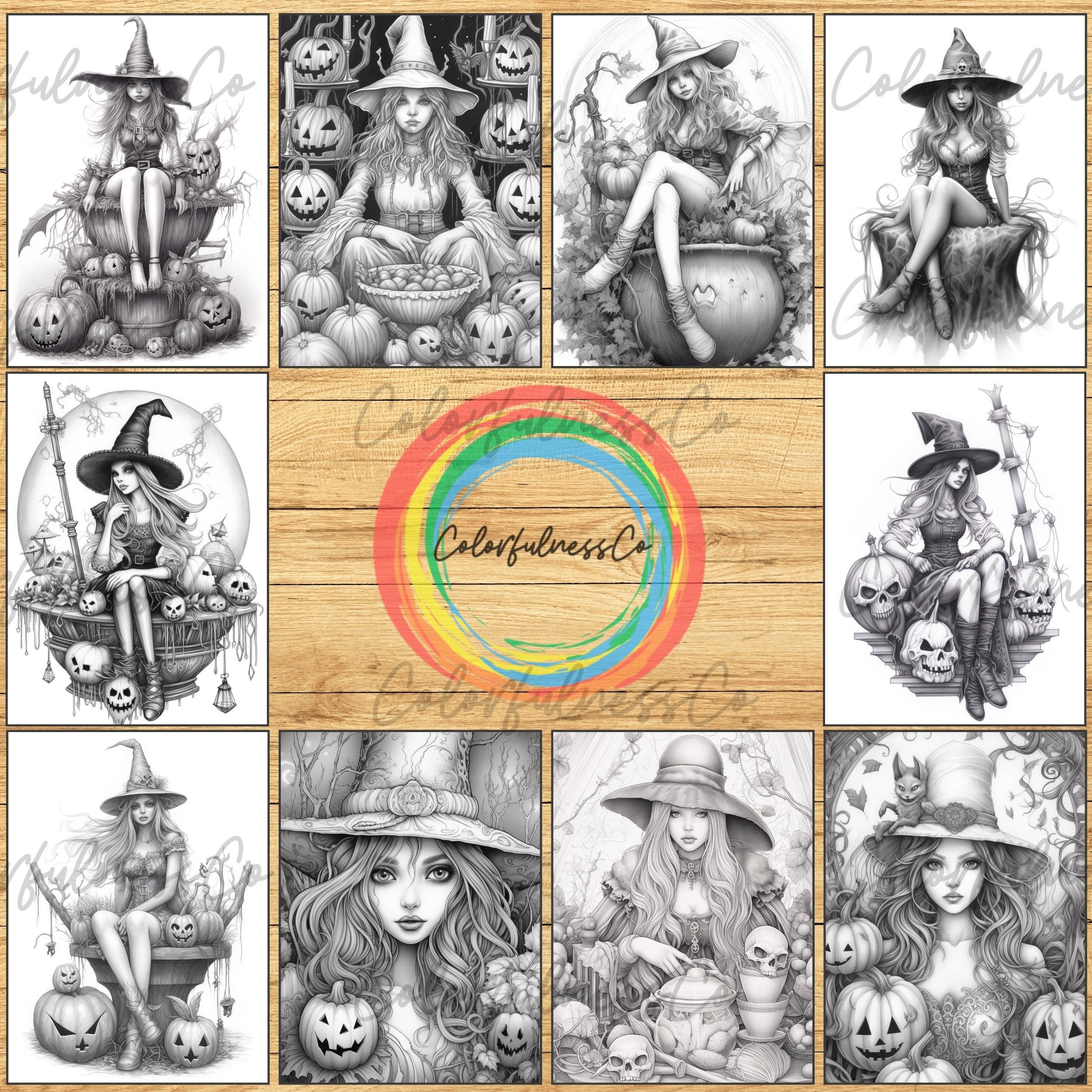 Magical Witches Coloring Book Pages, Grayscale Portraits Coloring Pages ...