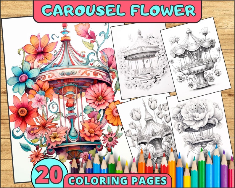 20 Carousel Flowers Coloring Pages Floral Coloring Pages - Etsy