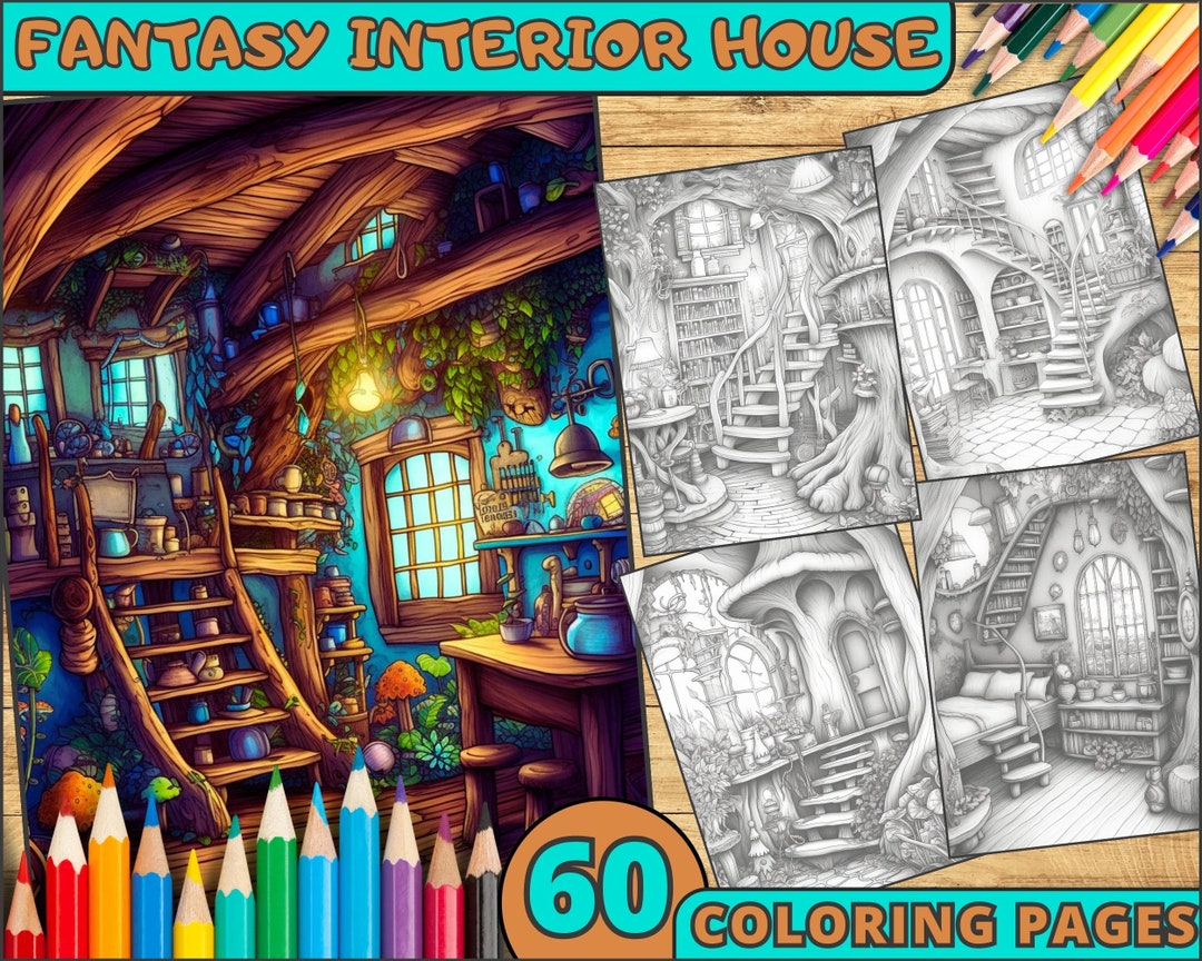 60 Fantasy Interior House Coloring Pages, Fantasy Coloring Book, Fairy ...