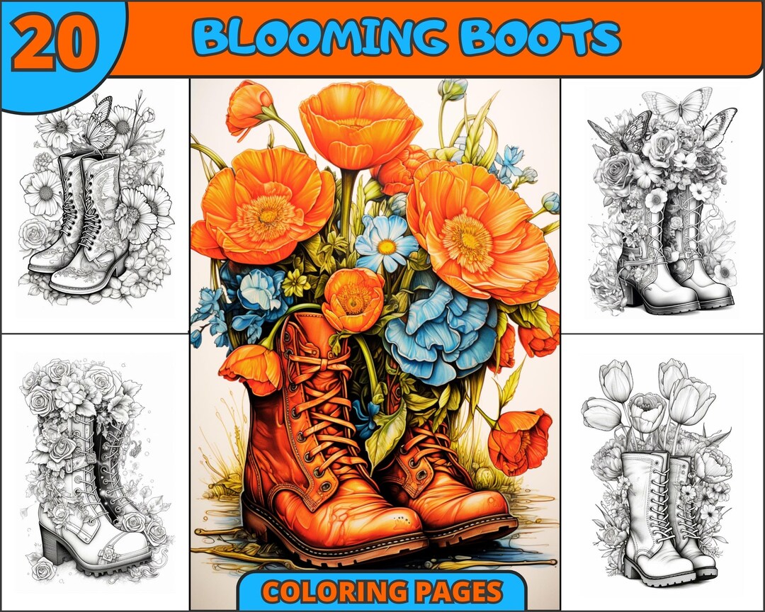 20 Blooming Boots Coloring Pages, Grayscale Flowers, Coloring Book ...