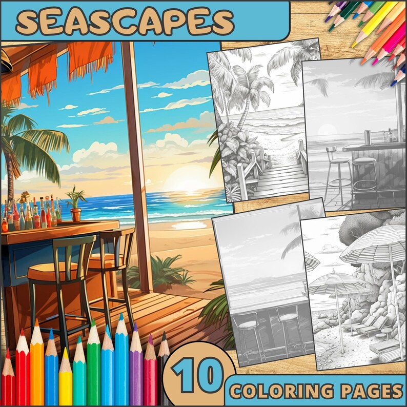 10 Seascapes Coloring Pages, Sea Coloring Book, Marine Life, Grayscale ...