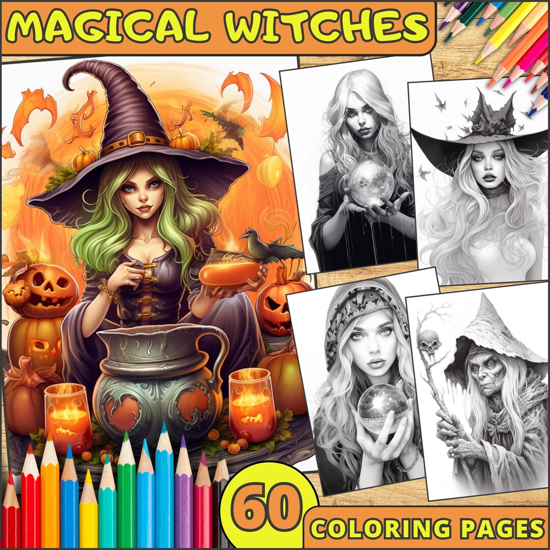 Magical Witches Coloring Book Pages, Grayscale Portraits Coloring Pages ...