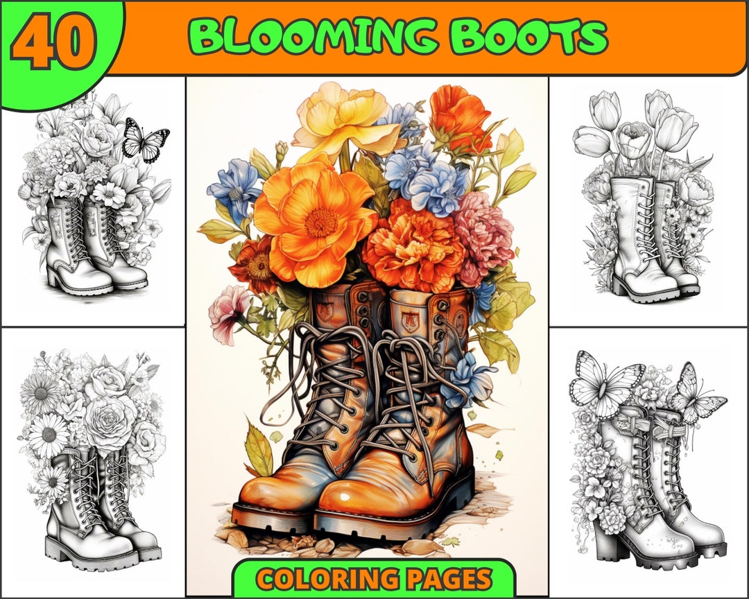 40 Blooming Boots Coloring Pages, Grayscale Flowers, Coloring Book ...