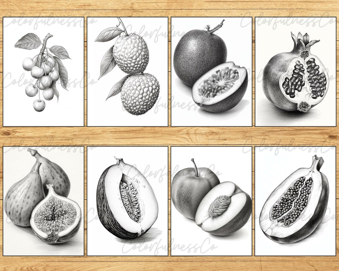35 Grayscale Fruits Coloring Pages, Printable Fruit Coloring Book, Book ...