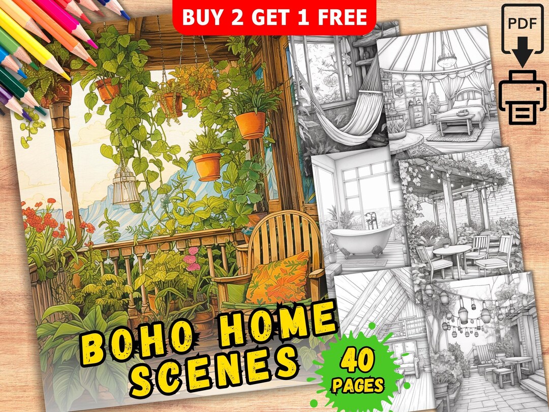 40 Boho Home Scenes Coloring Book for Adults, Printable Bohemian House ...