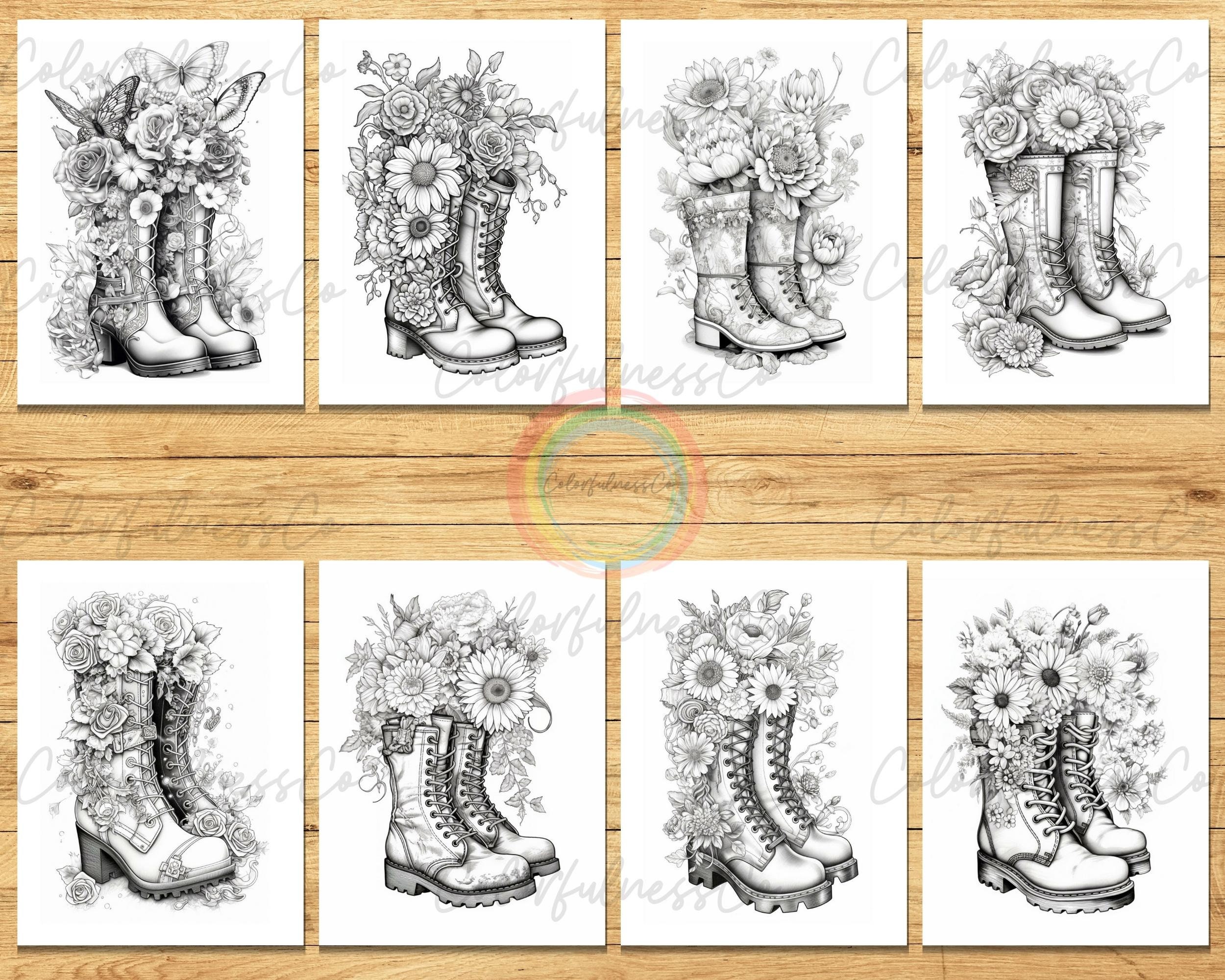 40 Blooming Boots Coloring Pages, Grayscale Flowers, Coloring Book ...