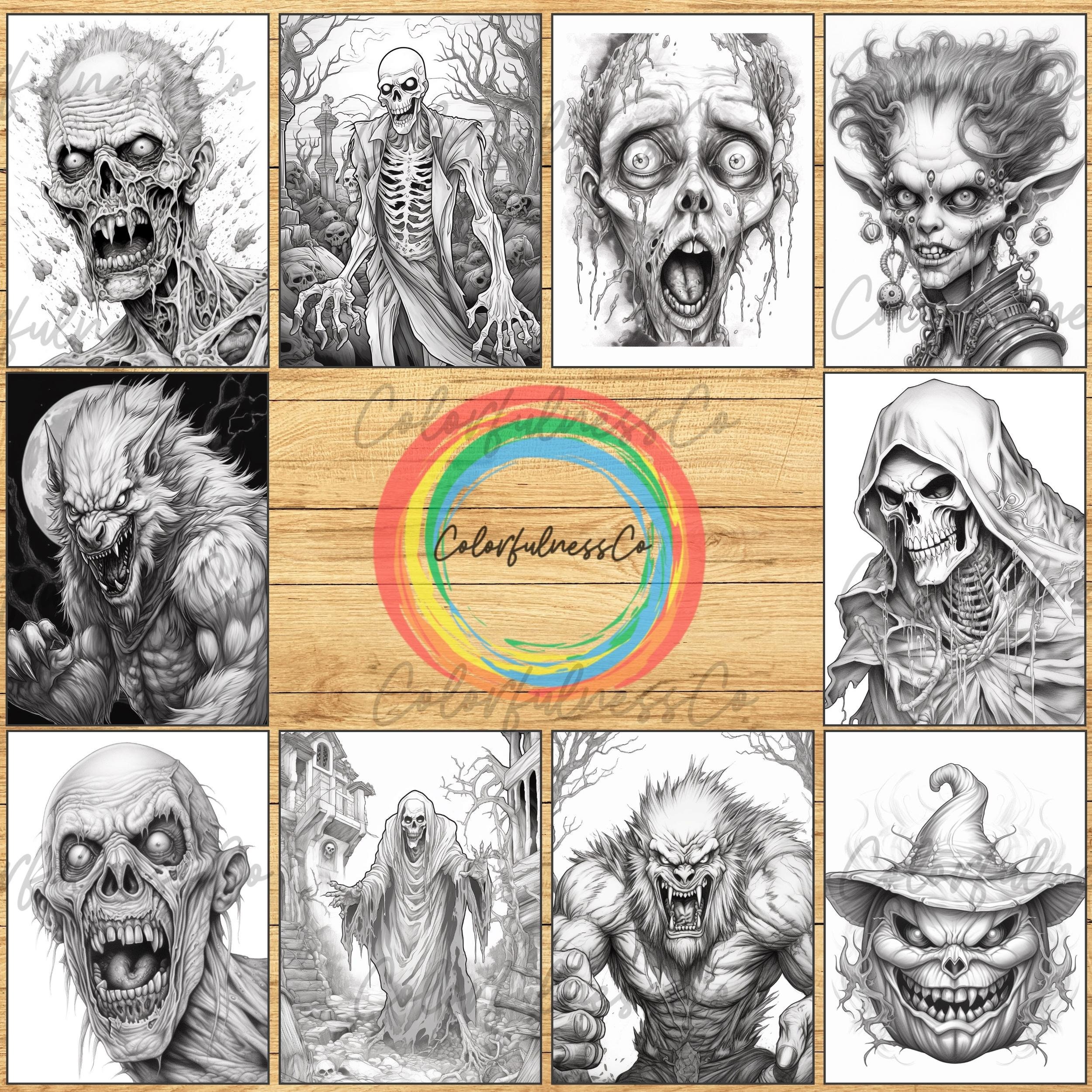 20 Freaks of Horror Coloring Pages, Grayscale Bundle Pages, Grayscale ...