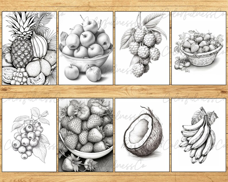35 Grayscale Fruits Coloring Pages, Printable Fruit Coloring Book, Book ...