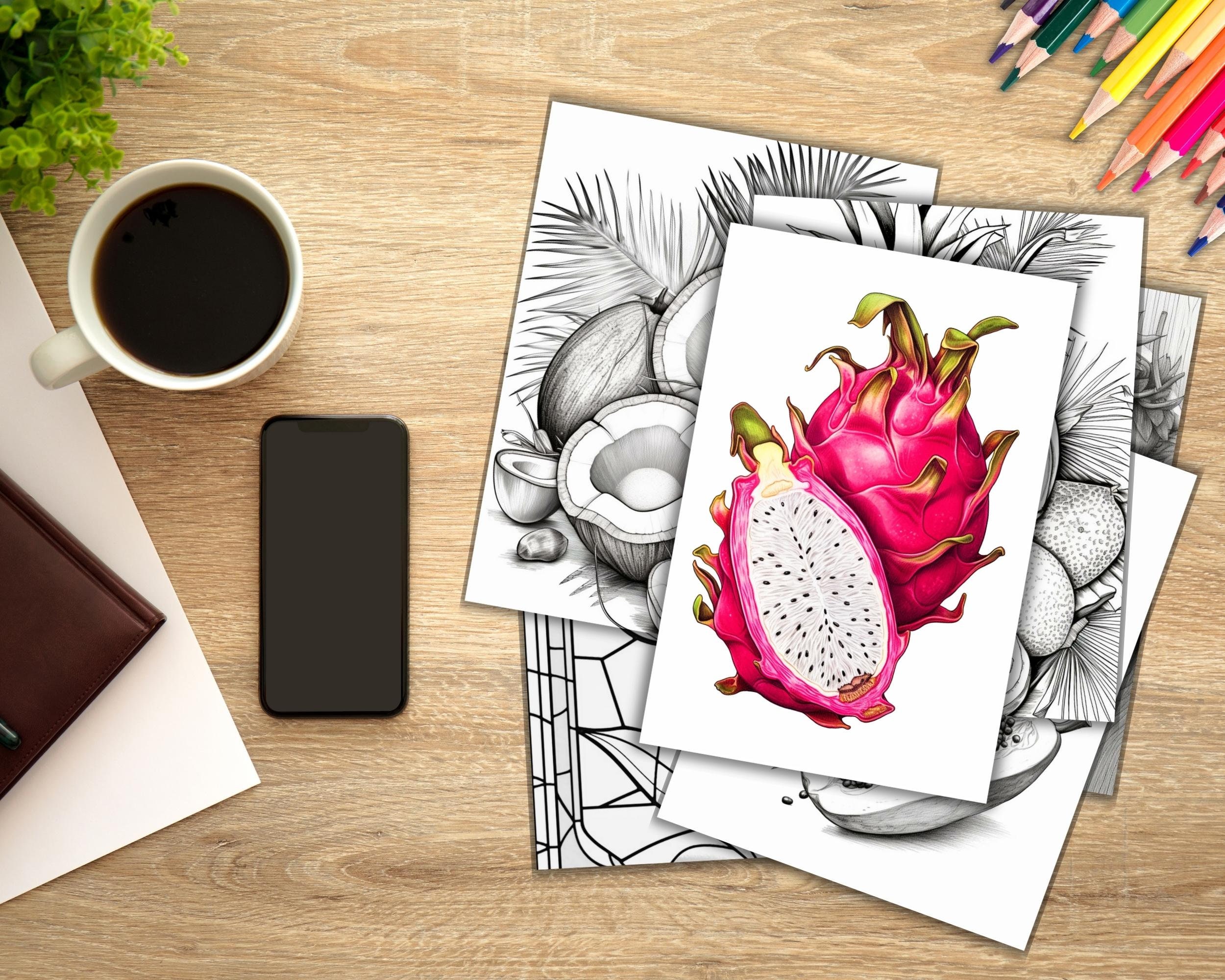 35 Grayscale Fruits Coloring Pages, Printable Fruit Coloring Book, Book ...