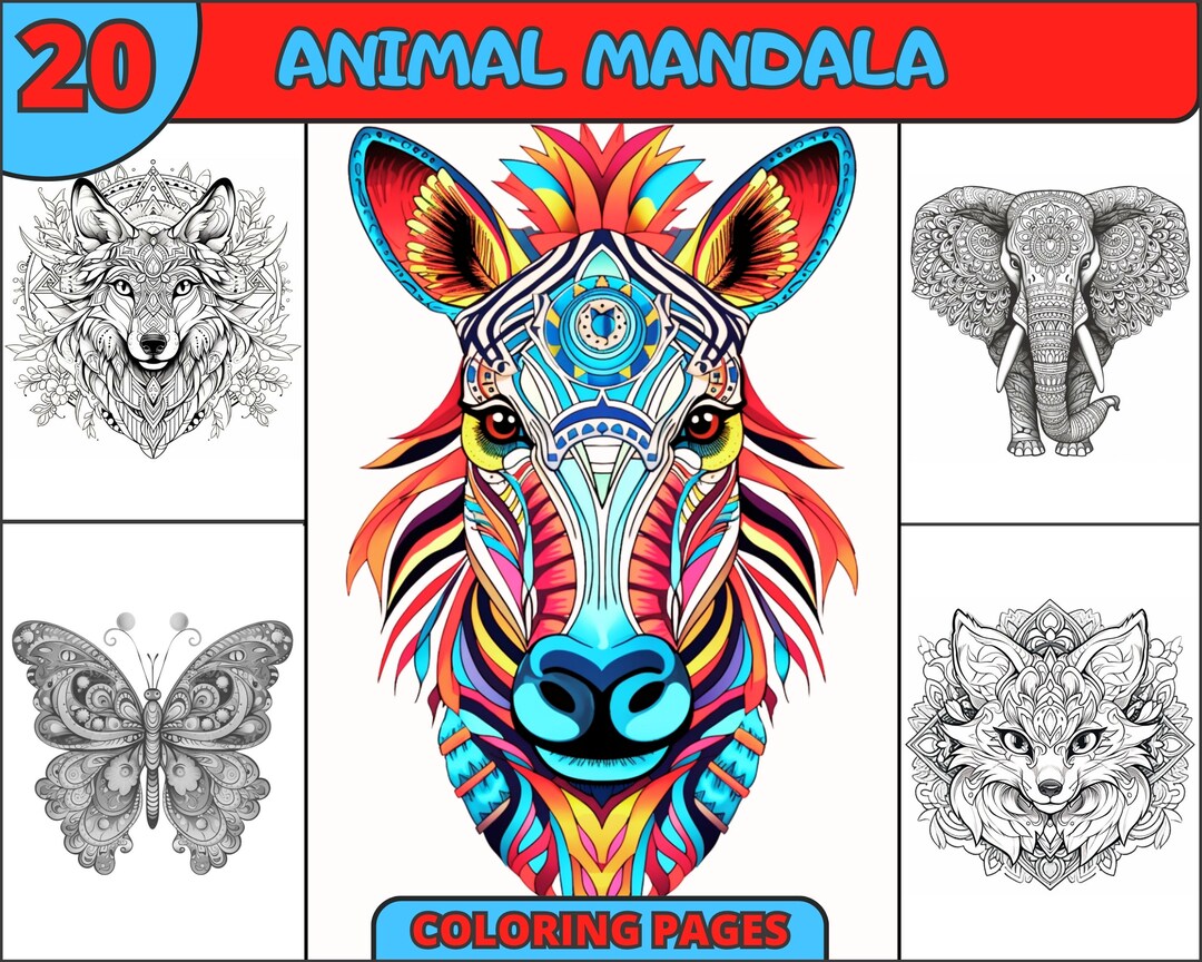20 Animal Mandala Coloring Pages Adults Kids Portrait - Etsy