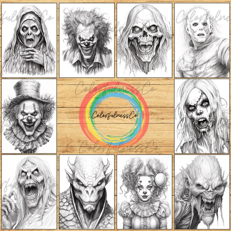 20 Freaks of Horror Coloring Pages, Grayscale Bundle Pages, Grayscale ...