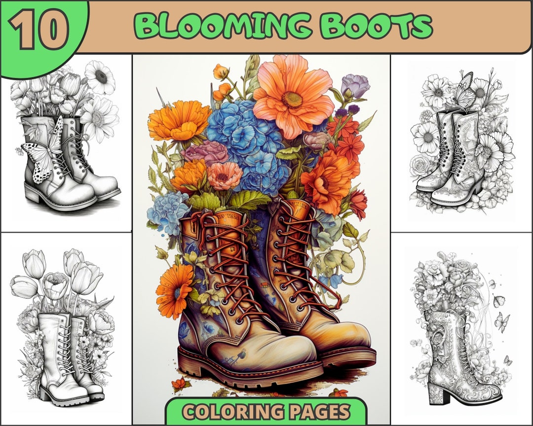 10 Blooming Boots Coloring Pages, Grayscale Flowers, Coloring Book ...