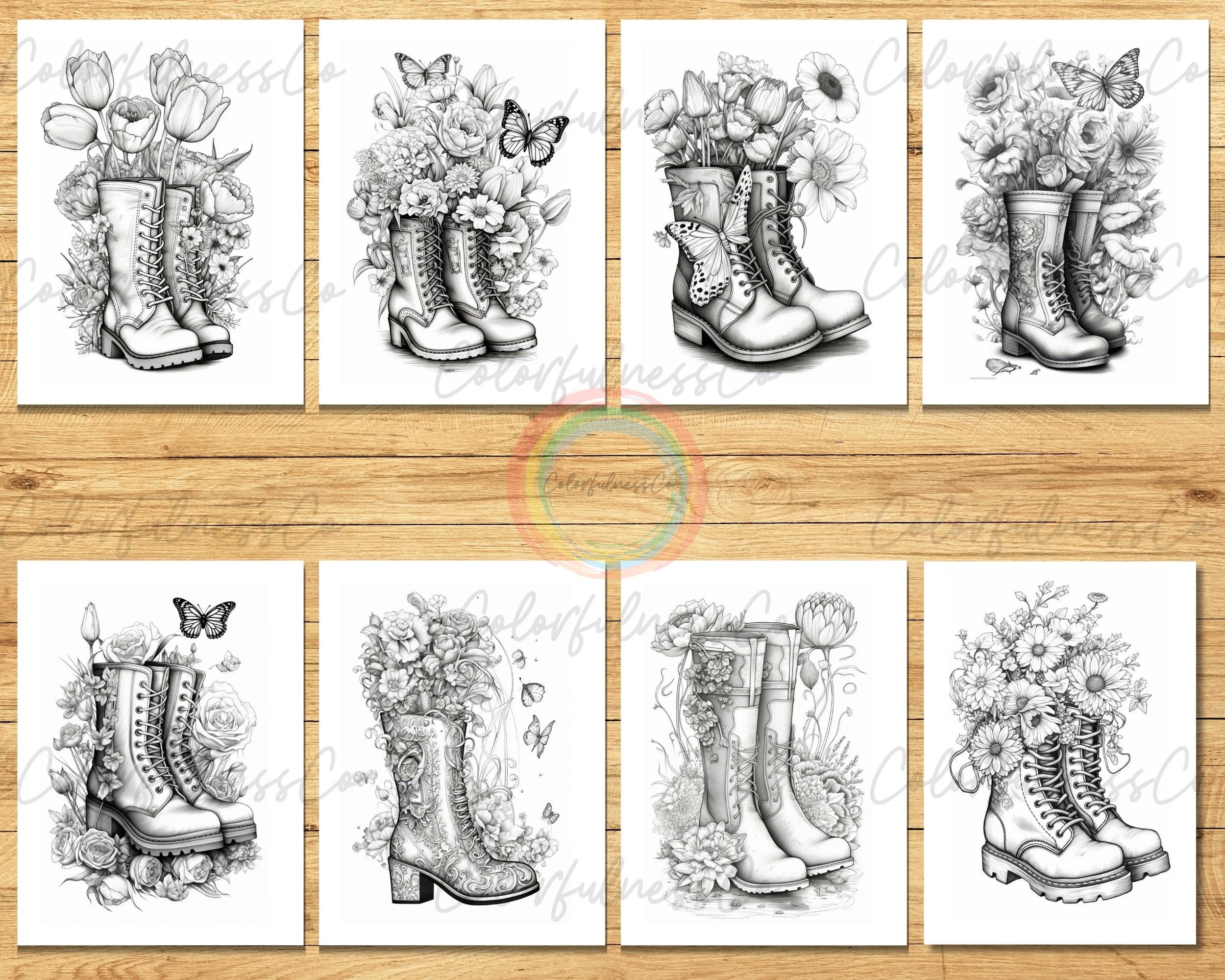 40 Blooming Boots Coloring Pages, Grayscale Flowers, Coloring Book ...