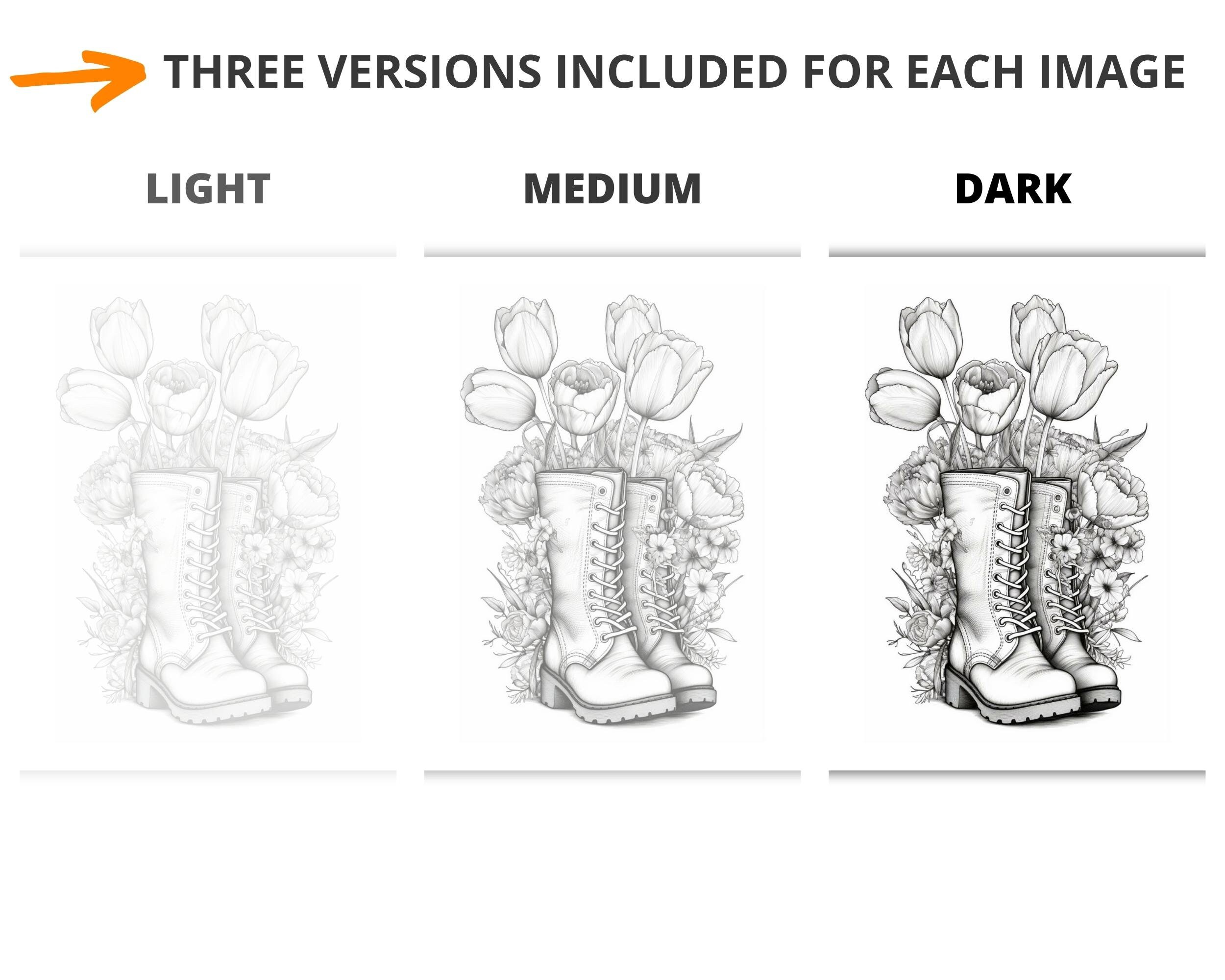 40 Blooming Boots Coloring Pages, Grayscale Flowers, Coloring Book ...