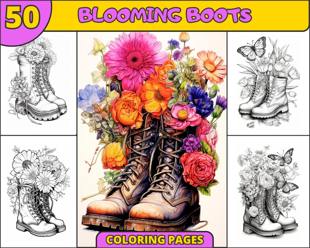 50 Blooming Boots Coloring Pages, Grayscale Flowers, Coloring Book ...