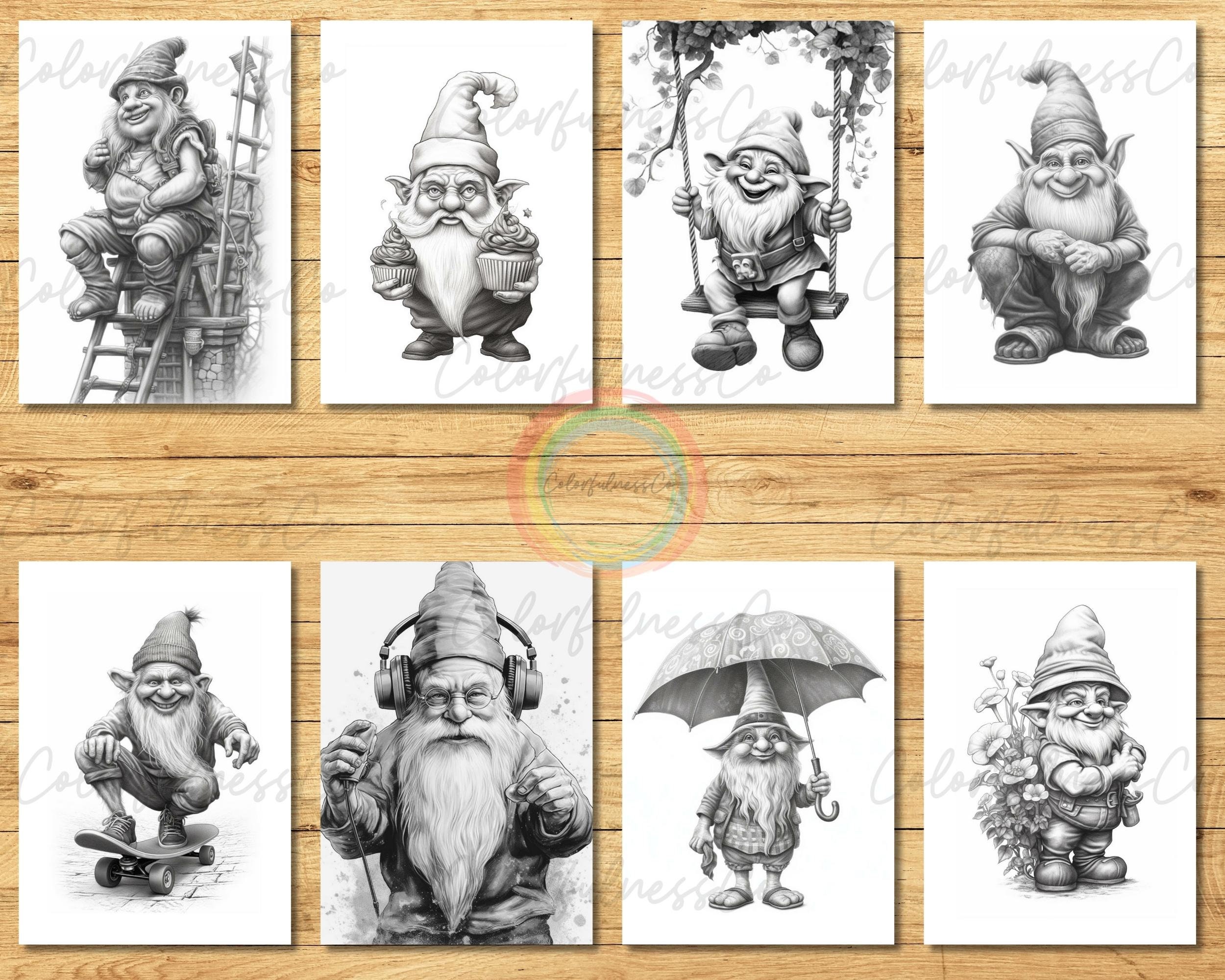Magical Gnomes Coloring Pages, Grayscale Gnomes Coloring Book, Woodland ...